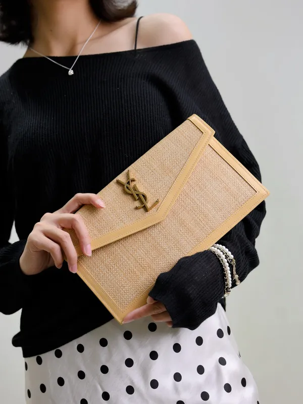 Saint Laurent Rattan - Leather Envelope Clutch With Iconic YSL Logo ...