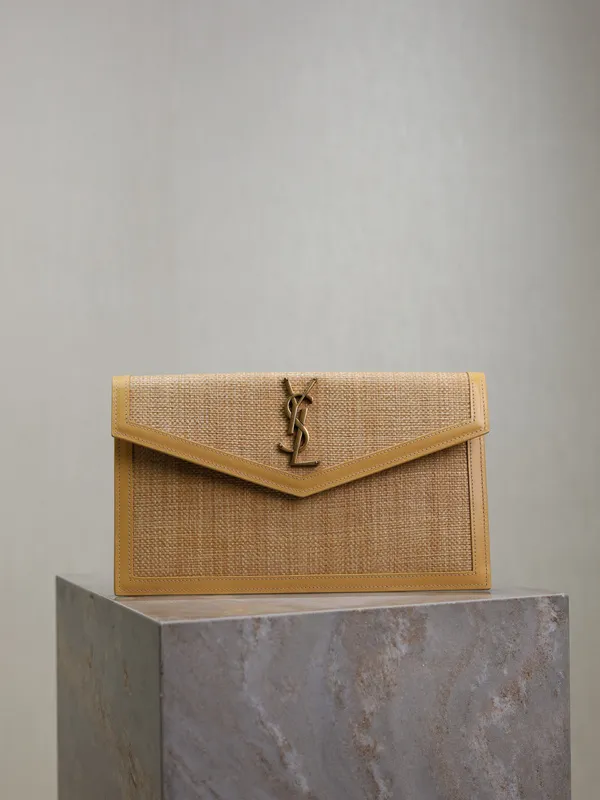 Saint Laurent Rattan - Leather Envelope Clutch With Iconic YSL Logo ...